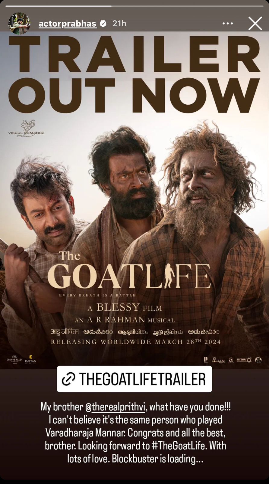 What have you done Prabhas praises Prithviraj Sukumaran for 'The Goat Life' trailer ...